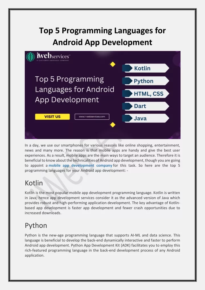 Ppt Top 5 Programming Languages For Android App Development Iwebservices Powerpoint