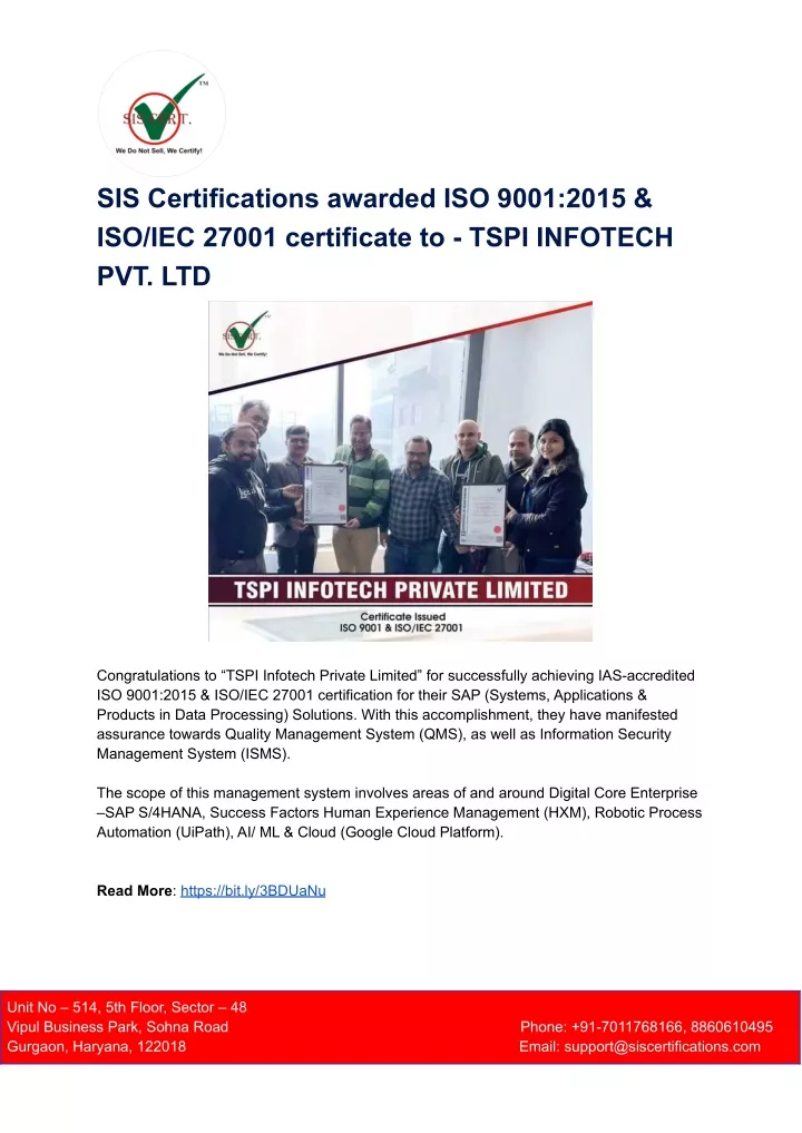 PPT - SIS Certifications awarded ISO 9001_2015 & ISO_IEC 27001 ...