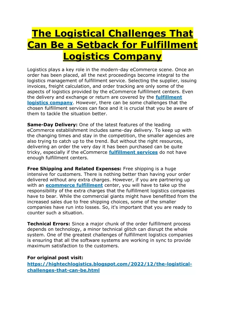 PPT - The Logistical Challenges That Can Be a Setback for Fulfillment ...