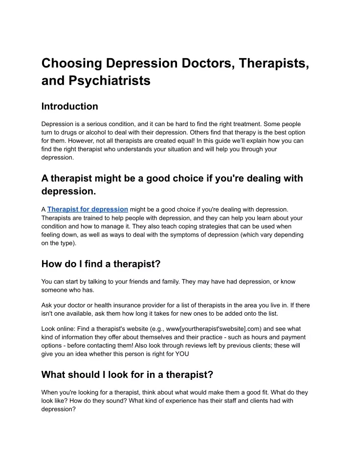 PPT - Choosing Depression Doctors, Therapists, and Psychiatrists ...