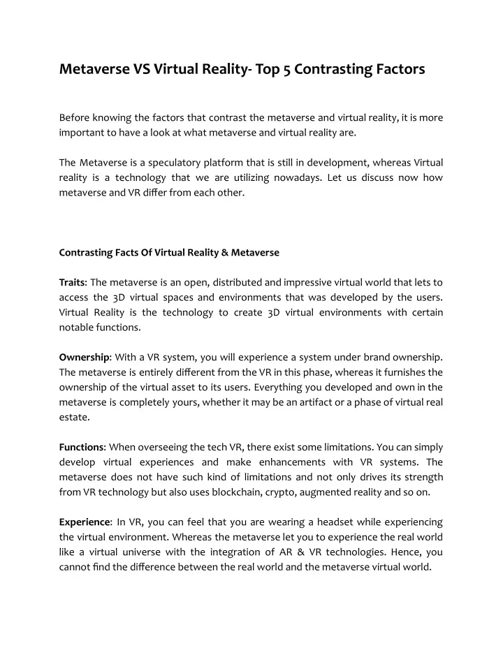 PPT - Metaverse VS Virtual Reality- Top 5 Contrasting Factors ...