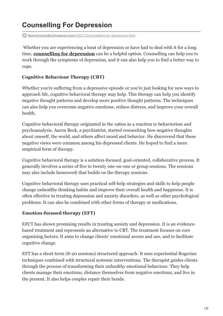 PPT - ftpsychcanada.blogspot.com-Counselling For Depression PowerPoint ...