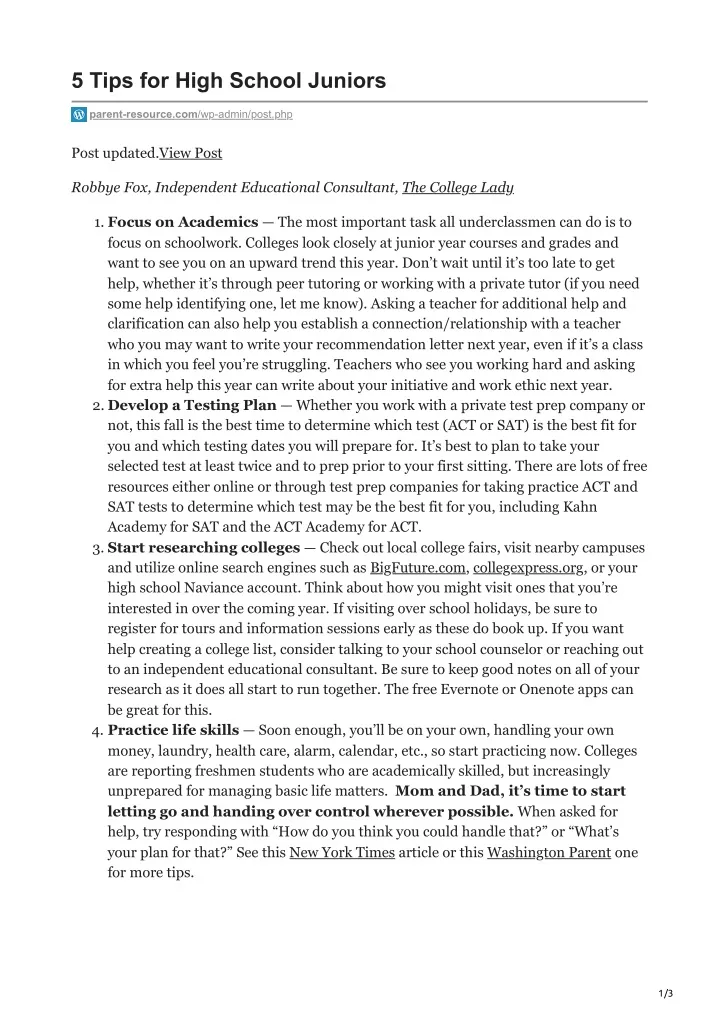 PPT - parent-resource.com-5 Tips for High School Juniors PowerPoint ...