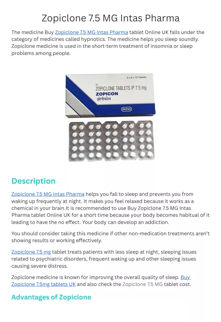 PPT - Buy Zopiclone 7.5 MG Intas Pharma tablet Online UK | Zopiclone 7. ...