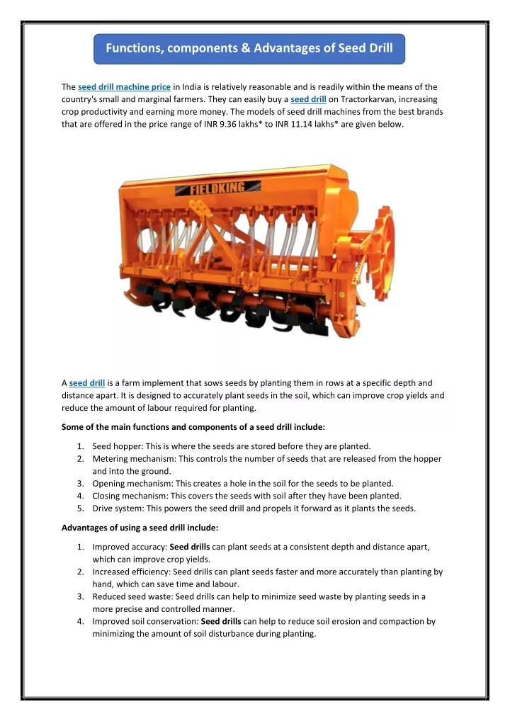 PPT - Functions, components & Advantages of Seed Drill PowerPoint ...