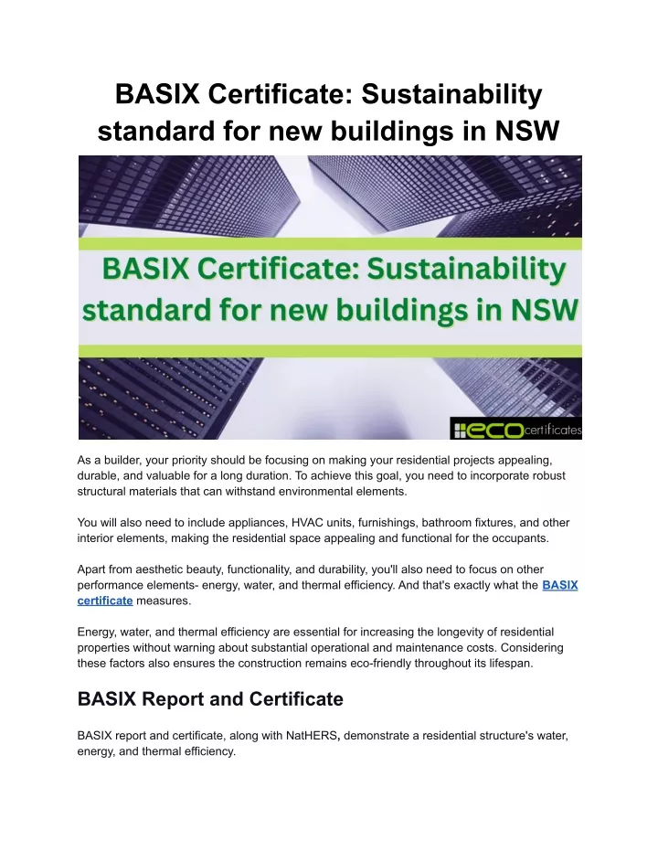 PPT - BASIX Certificate: Sustainability standard for new buildings in ...
