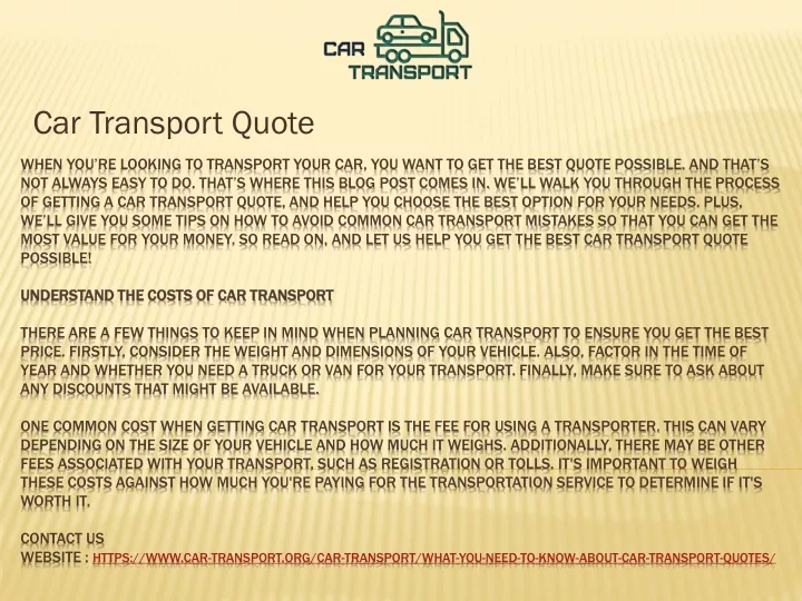 PPT - Car Transport Quote PowerPoint Presentation, free download - ID ...
