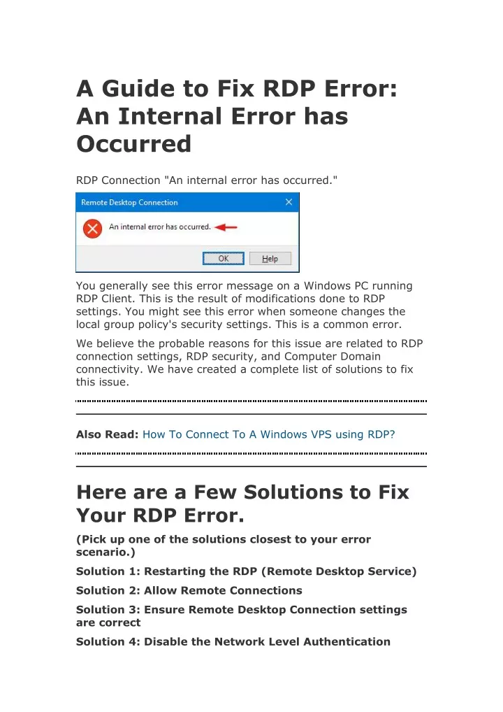 Ppt A Guide To Fix Rdp Error An Internal Error Has Occurred 5796