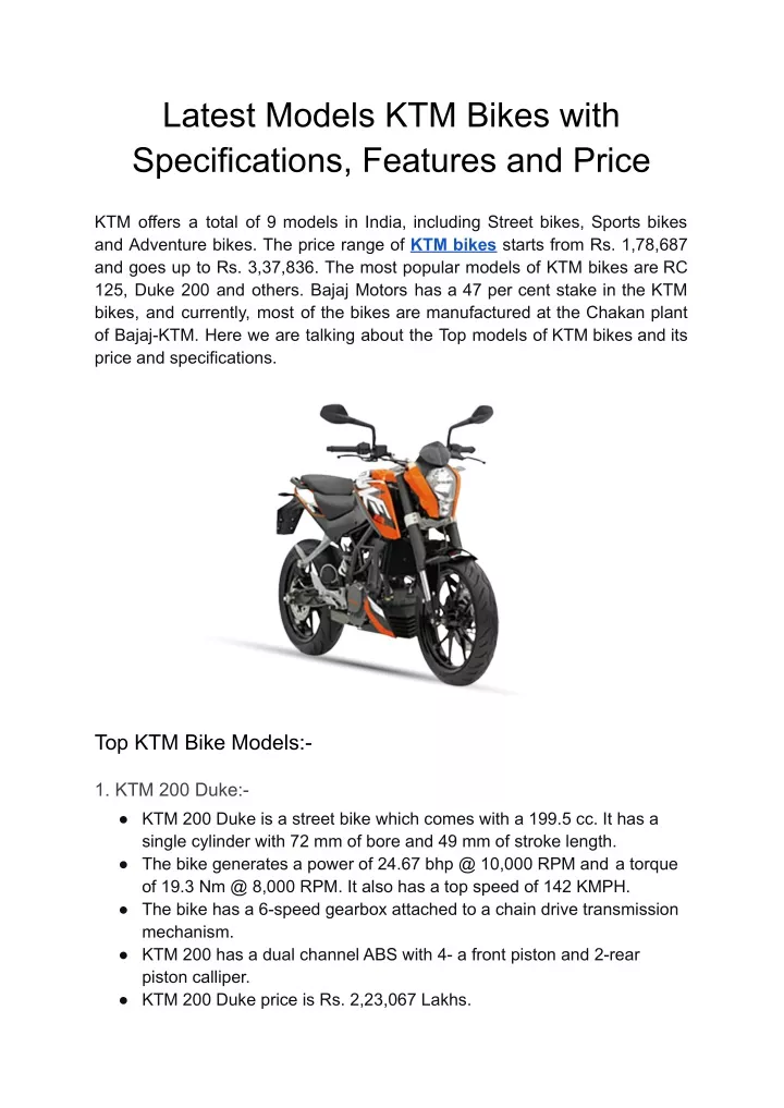 PPT - Latest Models KTM Bikes with Specifications, Features and Price ...