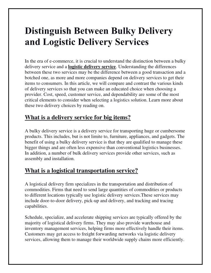 PPT - Distinguish Between Bulky Delivery and Logistic Delivery Services ...