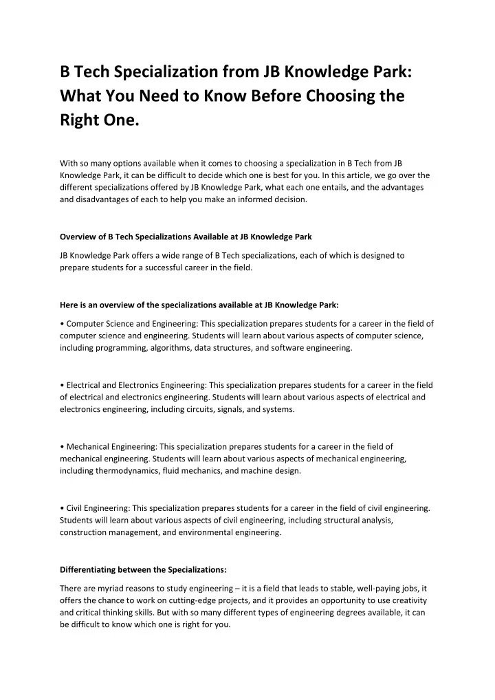 PPT - B Tech Specialization from JB Knowledge Park PowerPoint ...