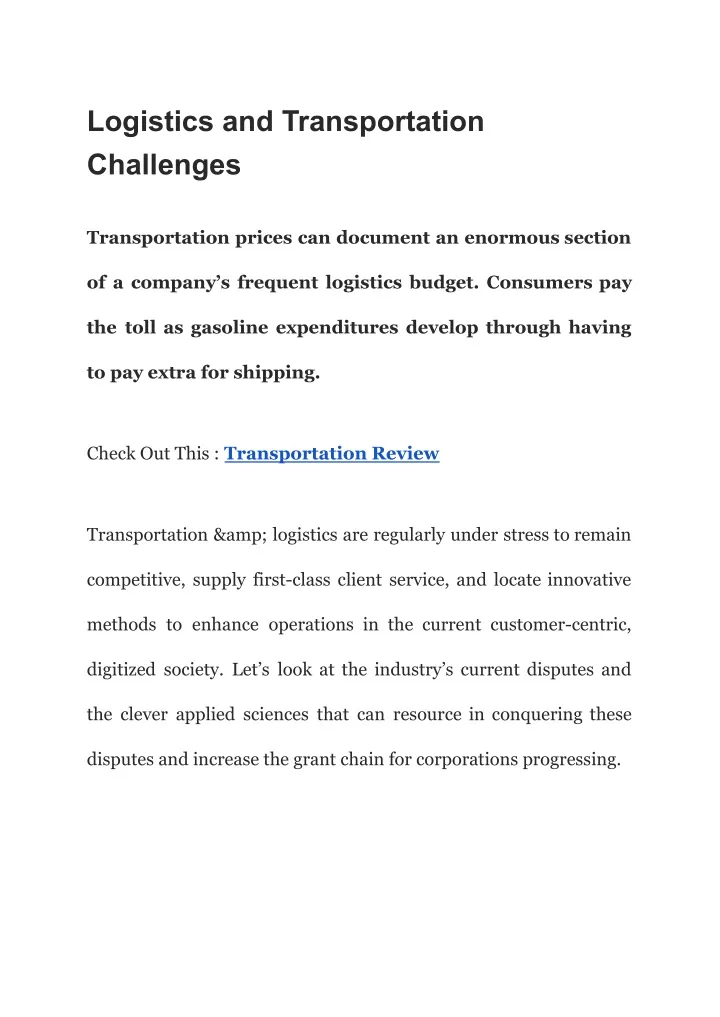 PPT - Logistics and Transportation Challenges PowerPoint Presentation ...