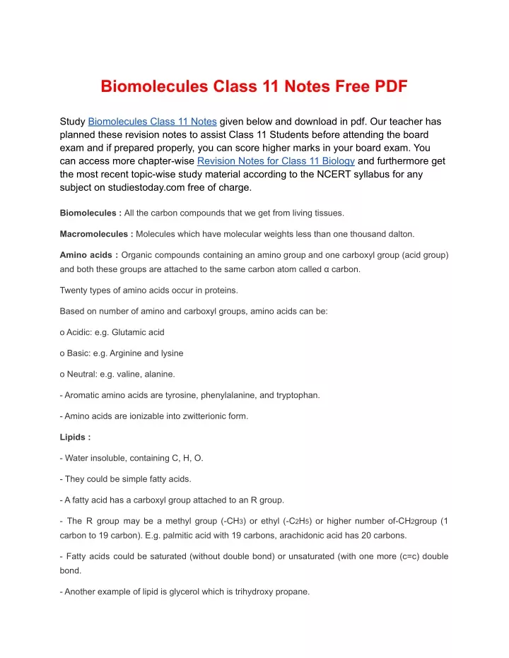 PPT - Biomolecules Class 11 Notes Free PDF PowerPoint Presentation ...