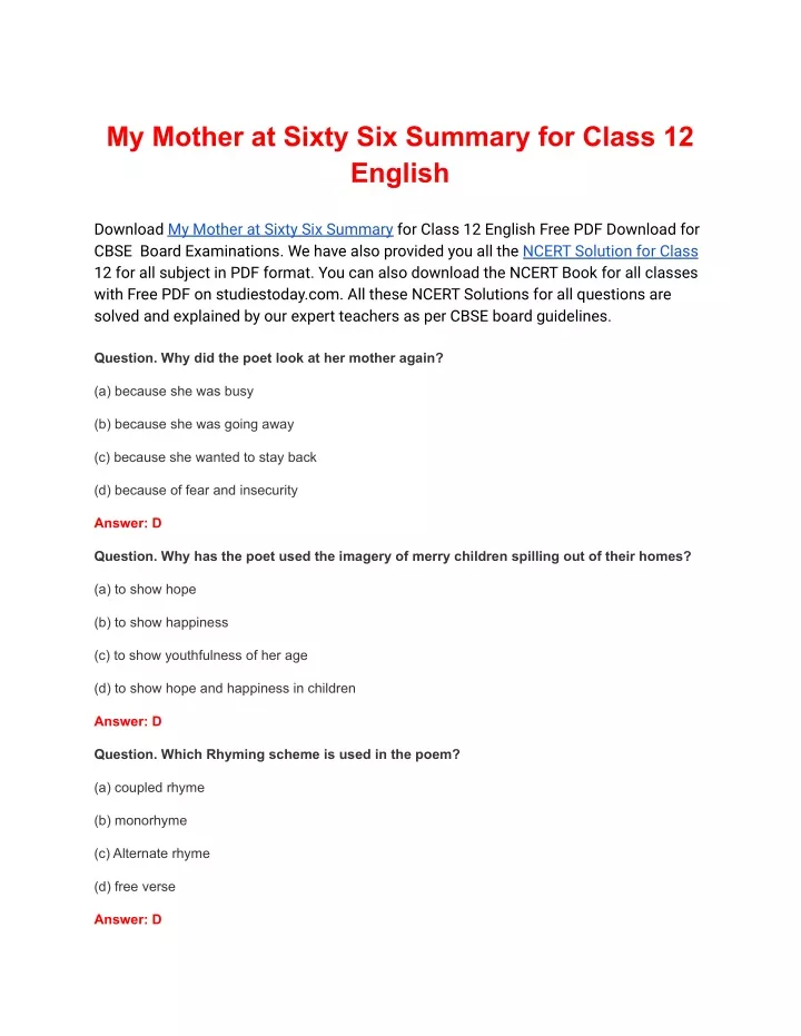 PPT - My Mother at Sixty Six Summary for Class 12 English PowerPoint ...