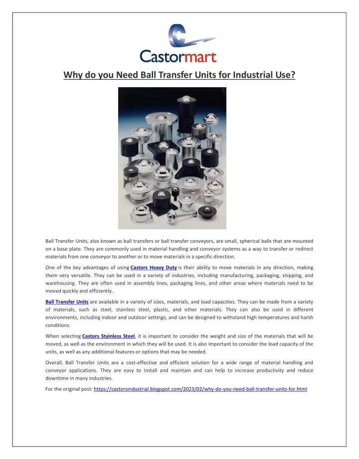 PPT - Why do you Need Ball Transfer Units for Industrial Use ...