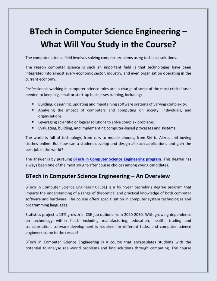 PPT - BTech in Computer Science Engineering - What Will You Study in the Course? PowerPoint ...