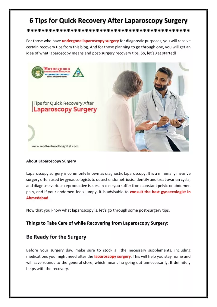 PPT - 6 Tips for Quick Recovery After Laparoscopy Surgery PowerPoint ...