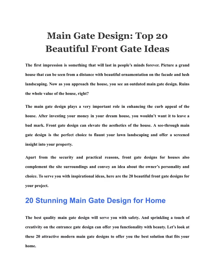 PPT - Main Gate Design Top 20 Beautiful Front Gate Ideas PowerPoint ...