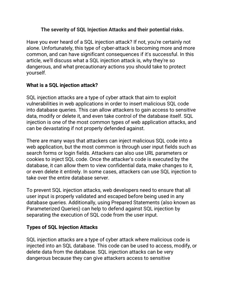 PPT - The severity of SQL Injection Attacks and their potential risks ...