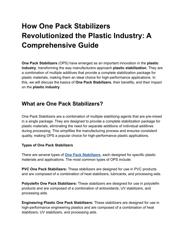 PPT - How One Pack Stabilizers Revolutionized the Plastic Industry_ A ...