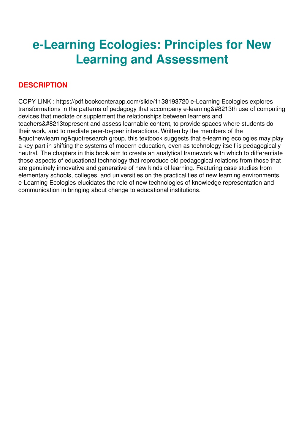 PPT - _PDF_ e-Learning Ecologies: Principles for New Learning and Assessment PowerPoint ...
