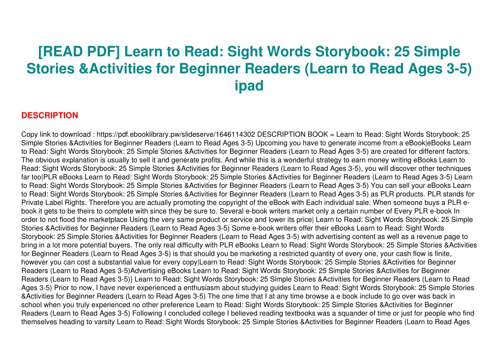 PPT - [READ PDF] Learn to Read: Sight Words Storybook: 25 Simple ...