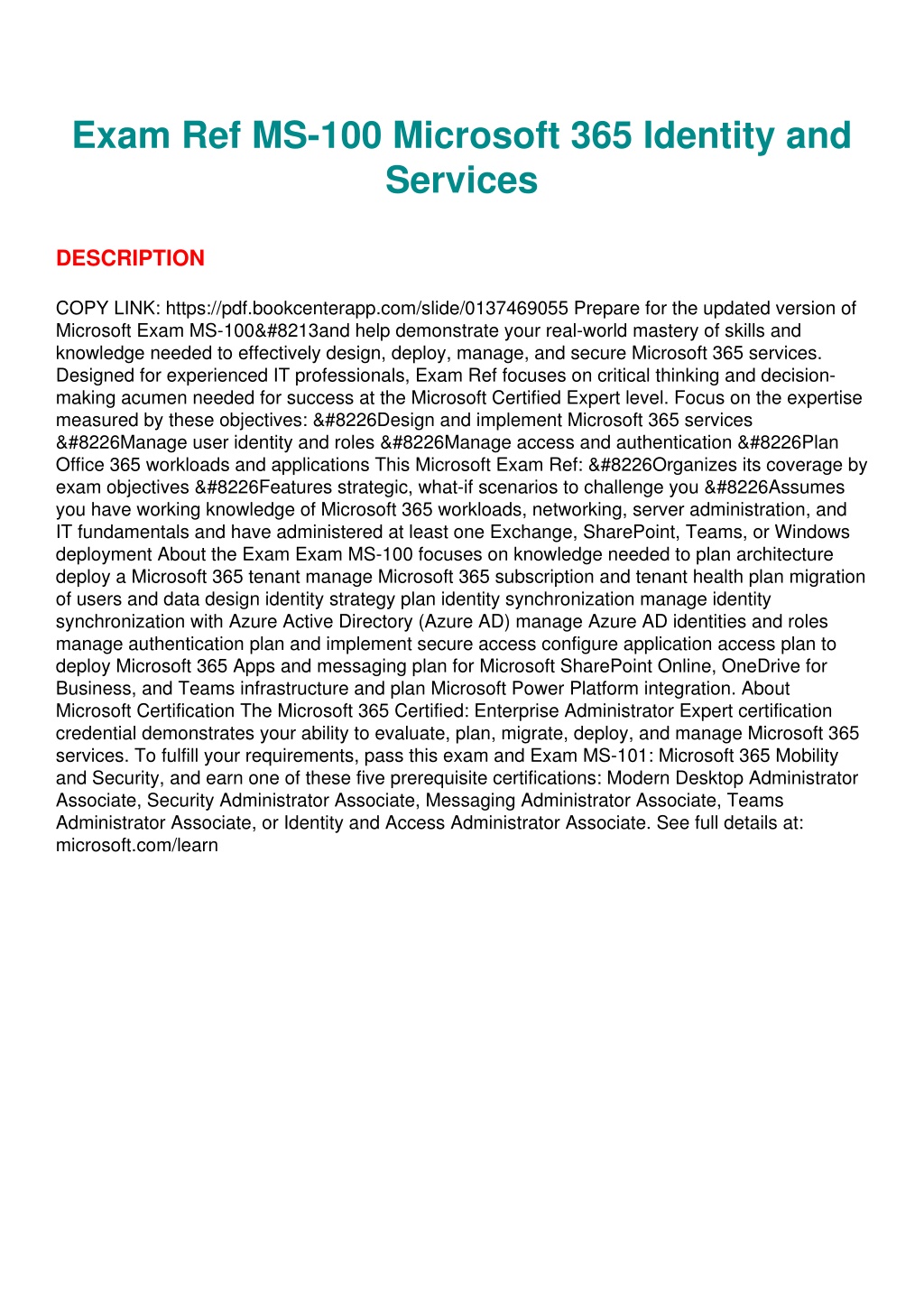 PPT - PDF/BOOK Exam Ref MS-100 Microsoft 365 Identity and Services ... PPT - PDF/BOOK Exam Ref MS-100 Microsoft 365 Identity and Services ...