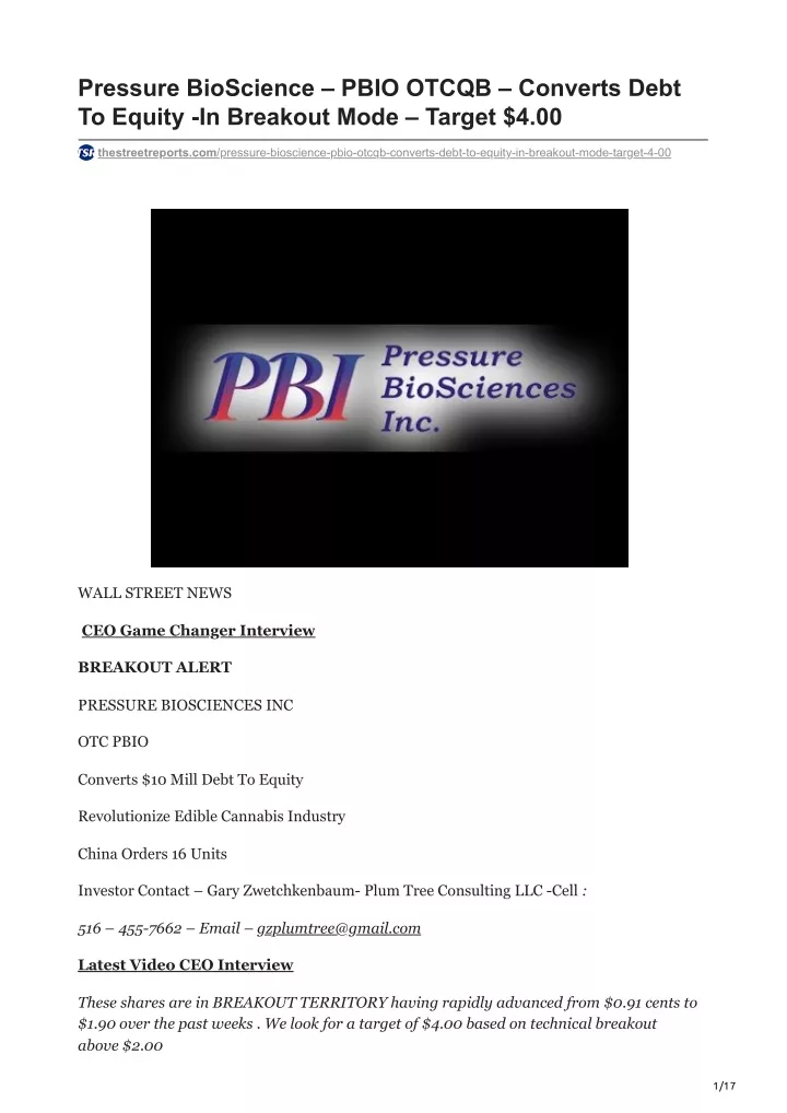 PPT - Pressure BioScience PBIO OTCQB Converts Debt To Equity -In ...