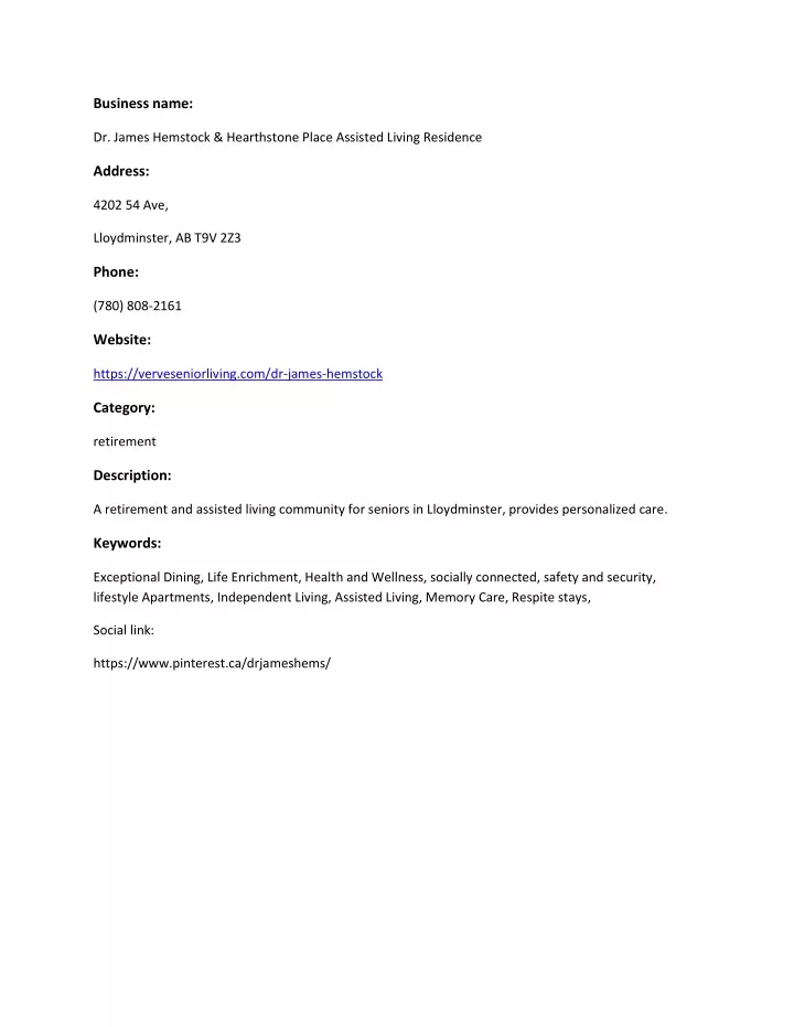 PPT - Dr. James Hemstock & Hearthstone Place Assisted Living Residence ...
