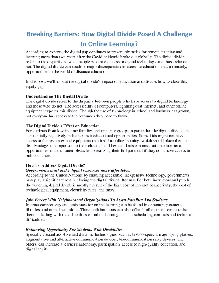 PPT - Breaking Barriers: How Digital Divide Posed A Challenge In Online ...