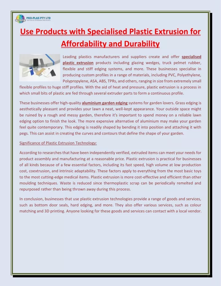 PPT - Use Products with Specialised Plastic Extrusion for Affordability ...