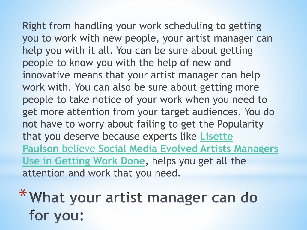 PPT - Lisette Paulson Working with the Best Artist Managers PowerPoint ... PPT - Lisette Paulson Working with the Best Artist Managers PowerPoint ...